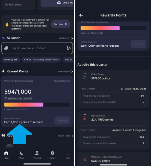 How do I earn and redeem Wellness Coach Reward Points for Awardco Points?