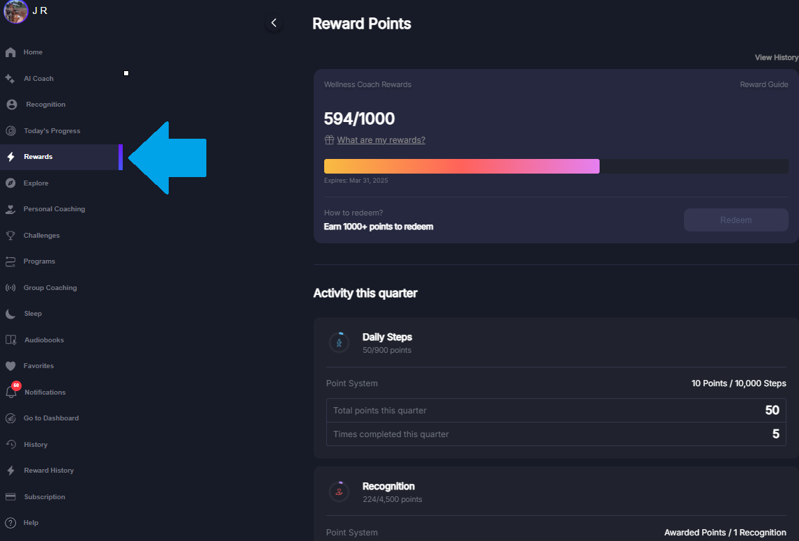 How do I earn and redeem Wellness Coach Reward Points for Awardco Points?