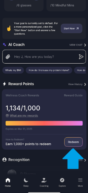 How do I earn and redeem Wellness Coach Reward Points for Awardco Points?